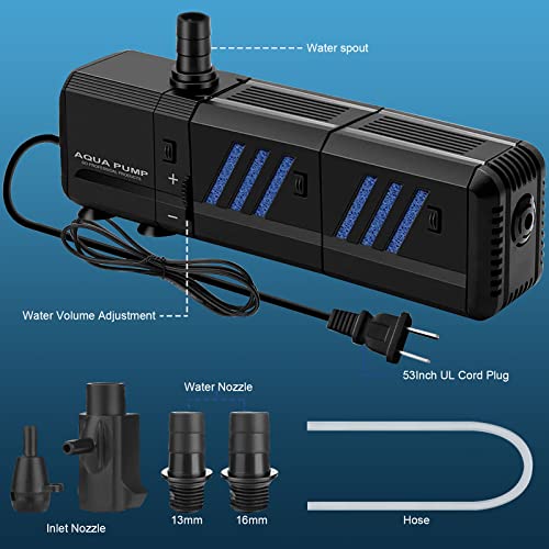 HUJIKF Submersible Aquarium Filter, 12W Fish Tank Filter 4-in-1 Diving Double Layer Filter Adjustable Oxygen Fountain Pump Internal Filter Used for Underwater Fish Tank & Aquarium, black