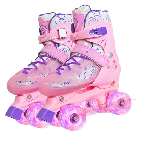 Nattork Roller Skates for Girls Kids Boys, 4 Sizes Adjustable Quad Skates Shoes with Light up Wheels,Safe and Fun Girl Skates, Best Gift for Beginners Indoor Outdoor Sports S Pink