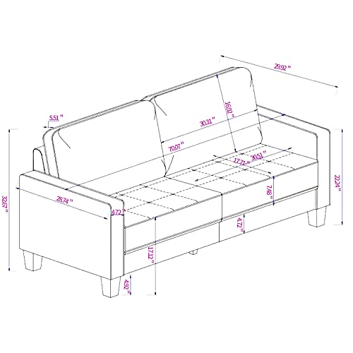 MODERION Loveseat Sofa, 70” L Sofa with Solid Wood Frame, Couches with Technology Fabric, Easy Assembly 2-seat Sofa for Living Room,Office,Small Space Dark Grey TSF21202GY