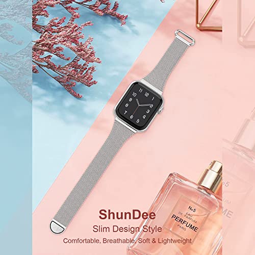 Slim Metal Band Compatible with Apple Watch Bands 40mm 44mm 41mm 45mm 38mm 42mm Women,Thin Narrow Stainless Steel Mesh Milanese Loop Magnetic Replacement Strap for iWatch SE Series 8 7 6 5 4 3 2 1