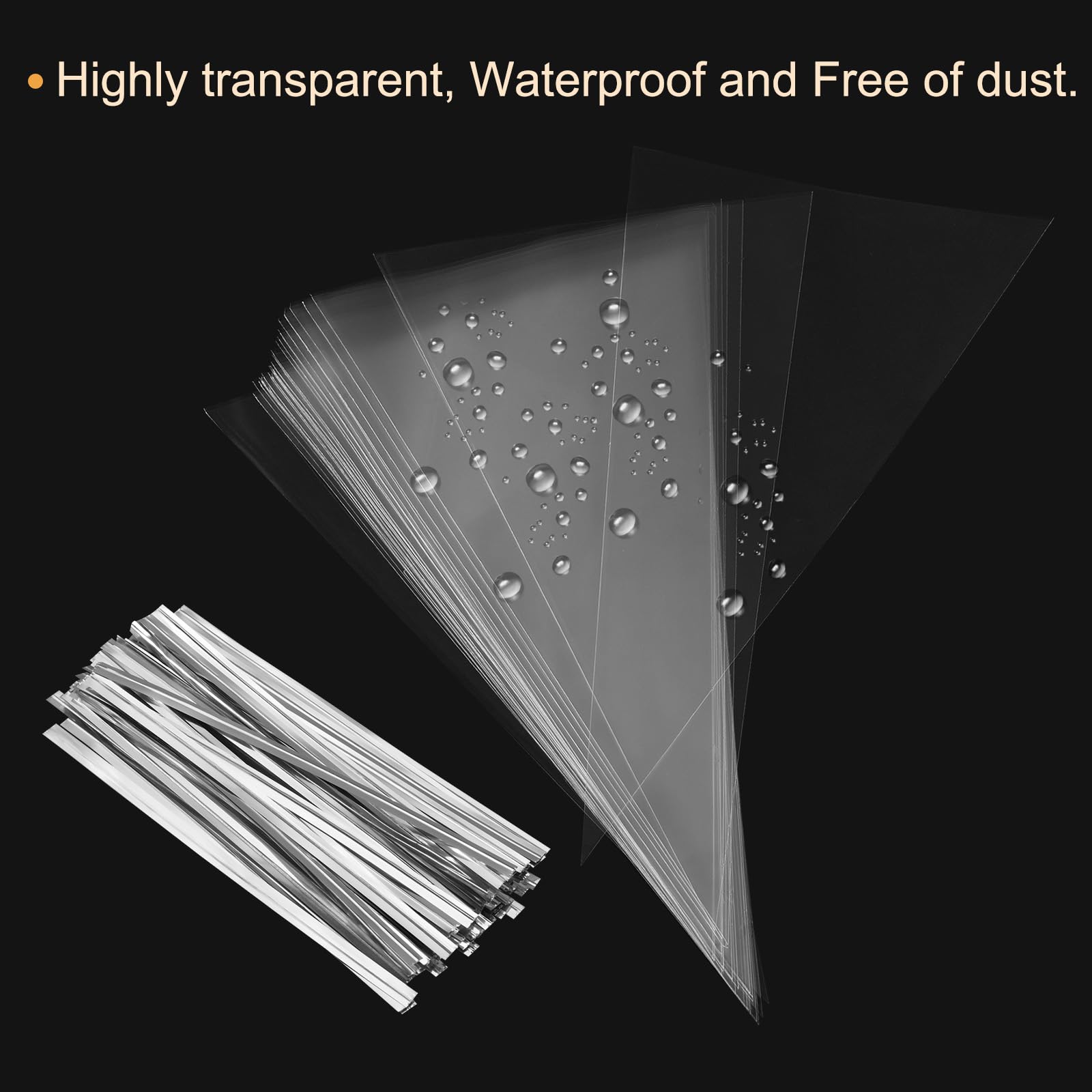 uxcell 100 Pcs Cone Cello Bags, Clear Flat Plastic Cello Treat Bags with Silver Twist Ties Candy Bags Cookie Bags for Christmas Snacks Candy Cookie Sweet