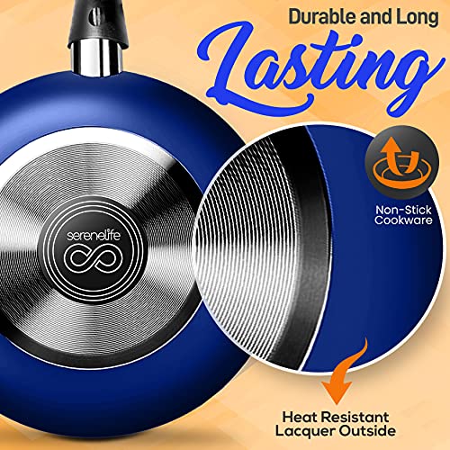 SereneLife Kitchenware Pots & Pans Basic Kitchen Cookware, Black Non-Stick Coating Inside, Heat Resistant Lacquer (20-Piece Set), One Size, Blue