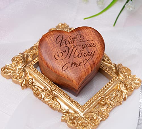 Ring Box Heart - Handmade Wooden Ring Box for Proposal, Rustic Vintage Ring Bearer Box, Wooden Ring Box Heart Shape Ring Box (Will You Marry Me - Heart)