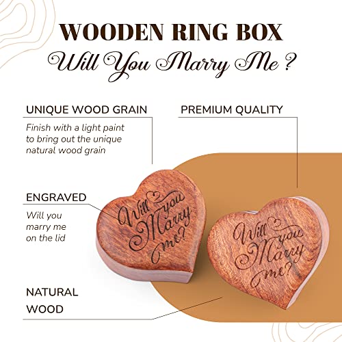 Ring Box Heart - Handmade Wooden Ring Box for Proposal, Rustic Vintage Ring Bearer Box, Wooden Ring Box Heart Shape Ring Box (Will You Marry Me - Heart)