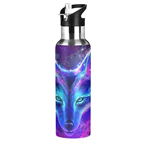 Wolf Galaxy Water Bottle Kids Thermos Bottle with Straw Lid Wolf Print Galaxy Insulated Stainless Steel Water Flask for Sport Gym Outdoor 20 oz