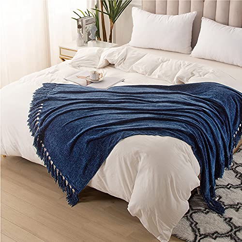 ACCOTIA Navy Blue Chenille Throw Blanket for Couch, Super Soft Fluffy Throw Blanket for Chair, 50X60inches - Super Fluffy Warm Decorative Fringe for Home Décor, Bed and Living Room(50“X60, Navy)