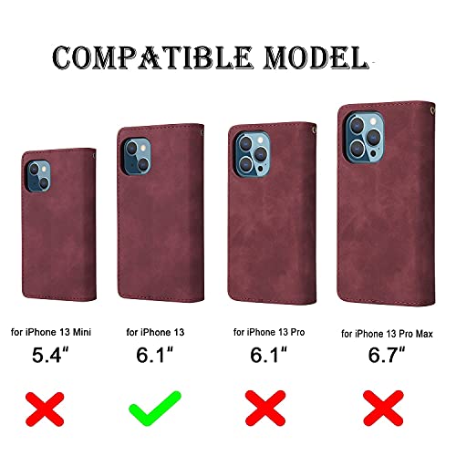 RANYOK Wallet Case Compatible with iPhone 13 (6.1 inch), Premium PU Leather Zipper Folio Wallet RFID Blocking with Wrist Strap Magnetic Closure Built-in Kickstand Protective Case (Black Green)