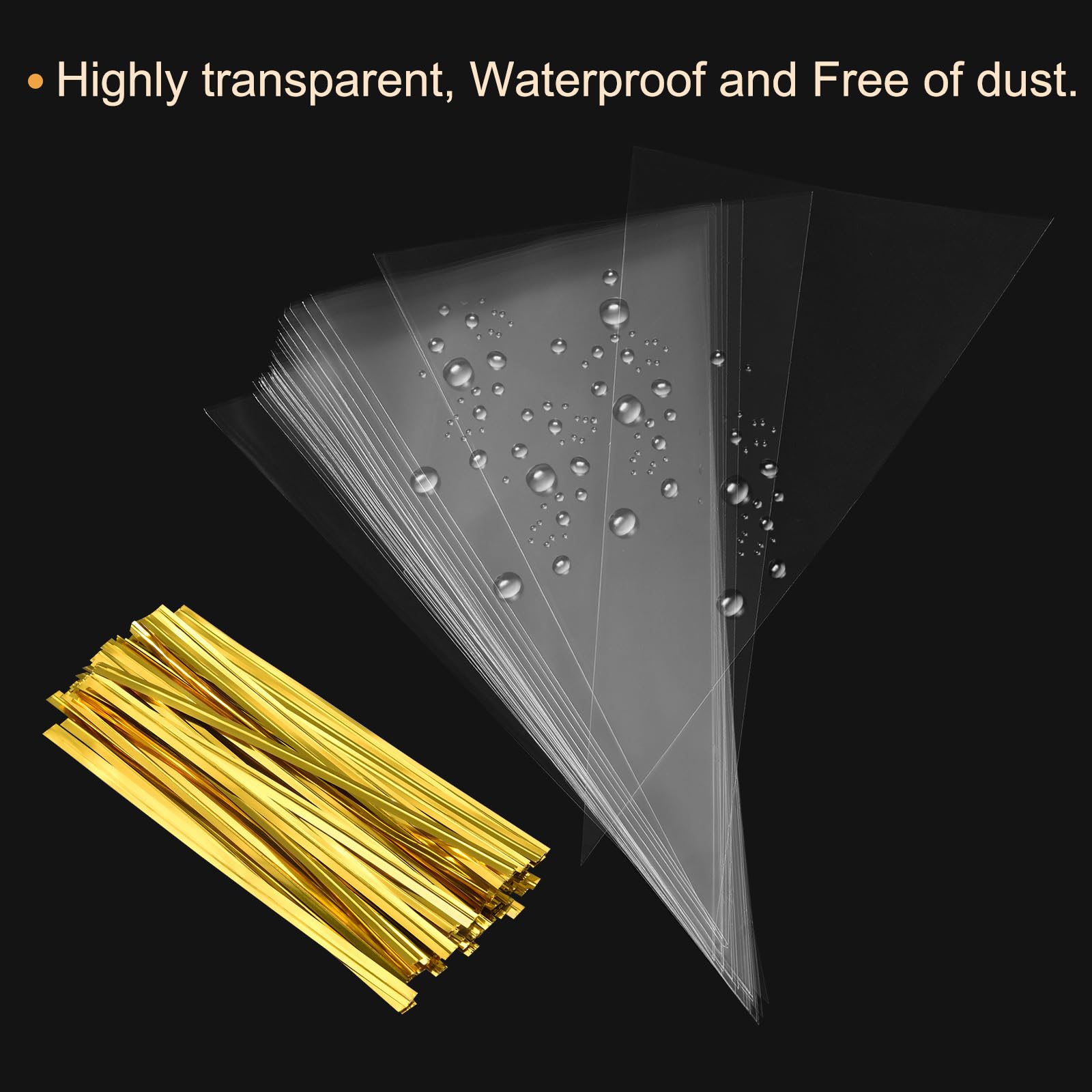 uxcell 100 Pcs Cone Cello Bags, Clear Flat Plastic Cello Treat Bags with Gold Twist Ties Candy Bags Cookie Bags for Christmas Snacks Candy Cookie Sweet