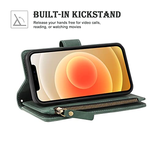 RANYOK Wallet Case Compatible with iPhone 13 (6.1 inch), Premium PU Leather Zipper Folio Wallet RFID Blocking with Wrist Strap Magnetic Closure Built-in Kickstand Protective Case (Black Green)