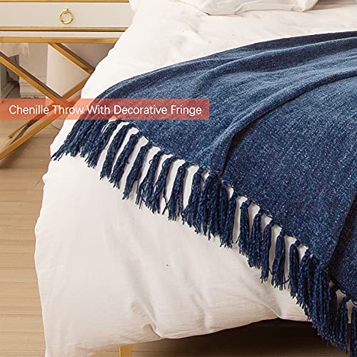 ACCOTIA Navy Blue Chenille Throw Blanket for Couch, Super Soft Fluffy Throw Blanket for Chair, 50X60inches - Super Fluffy Warm Decorative Fringe for Home Décor, Bed and Living Room(50“X60, Navy)