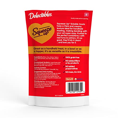 Hartz Delectables Squeeze Up Interactive Lickable Wet Cat Treats for Adult & Senior Cats, Tuna & Salmon, 32 Count