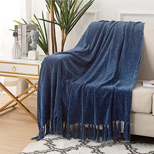 ACCOTIA Navy Blue Chenille Throw Blanket for Couch, Super Soft Fluffy Throw Blanket for Chair, 50X60inches - Super Fluffy Warm Decorative Fringe for Home Décor, Bed and Living Room(50“X60, Navy)