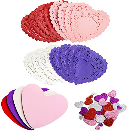 JOYIN 62 Pcs Valentines Day Heart Doilies Craft Gift Set with 50 Pcs Heart Paper Doilies, 12 Pcs Foam Hearts and 1 Bags of Glitter Foam Heart Stickers for Valentine's Day Party Tableware Decoration