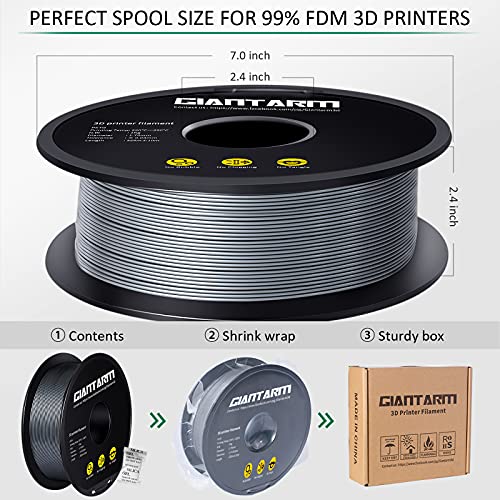 GIANTARM Silver PETG 3D Printer Filament Toughness Enhanced 1kg (2.2lbs), 1.75mm Dimensional Accuracy +/-0.03mm, 1080 FeetοΌ330m)/Roll, Vacuum Package, Fit for Most 3D FDM Printer