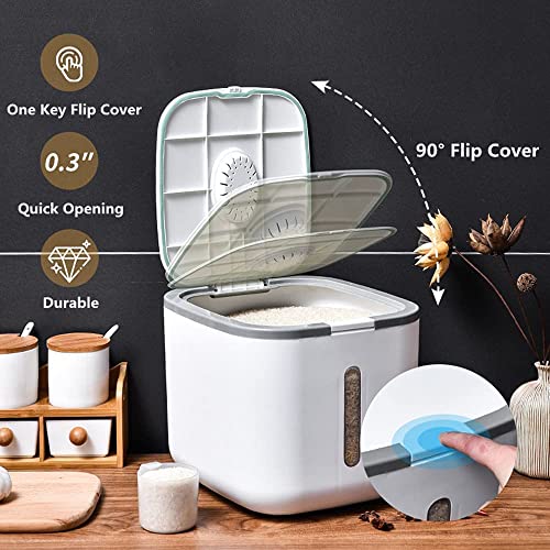 GQU Airtight Rice Dispenser 22 Lbs Food Storage Container Automatic Flip Cover Rice Bucket for Cereal Grain Flour Rice Nuts Beans Pet Food Countertop, Gray