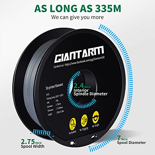 GIANTARM Silver PETG 3D Printer Filament Toughness Enhanced 1kg (2.2lbs), 1.75mm Dimensional Accuracy +/-0.03mm, 1080 FeetοΌ330m)/Roll, Vacuum Package, Fit for Most 3D FDM Printer