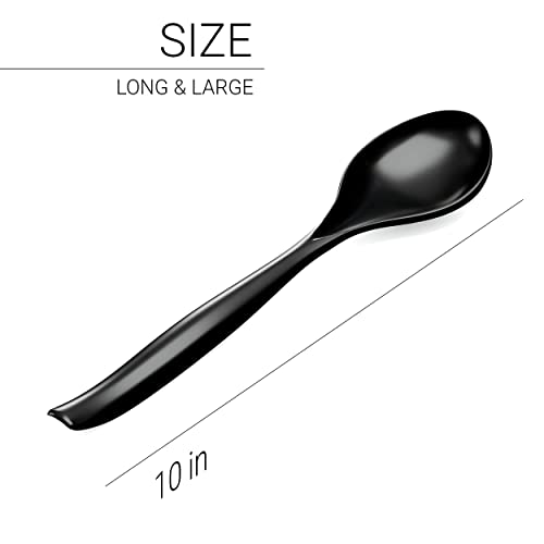 18 Pack Large Black Mixing Heavy Duty Disposable Plastic Serving Spoons Utensils Set - 10" Big Heavy Weight Reusable Cooking Plasticware for Party Buffet Catering Hard Silverware for Salads Sauses