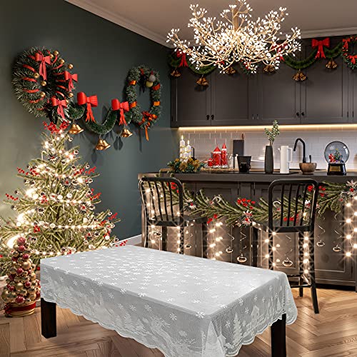 Pleaseedo 𝐗𝐌𝐀𝐗 𝐆𝐈𝐅𝐓 Christmas Lace Tablecloth, Rectangle Lace Tablecloth for Rectangle Table, White Snowflake Christmas Lace Table Cover, Rectangle Tablecloth for Holiday Party Decoration