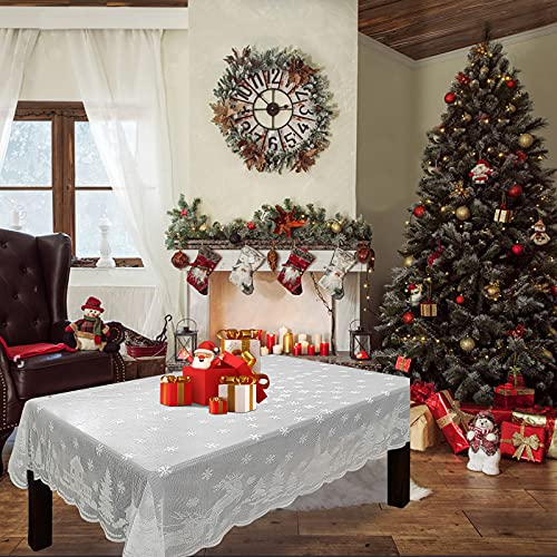 Pleaseedo 𝐗𝐌𝐀𝐗 𝐆𝐈𝐅𝐓 Christmas Lace Tablecloth, Rectangle Lace Tablecloth for Rectangle Table, White Snowflake Christmas Lace Table Cover, Rectangle Tablecloth for Holiday Party Decoration
