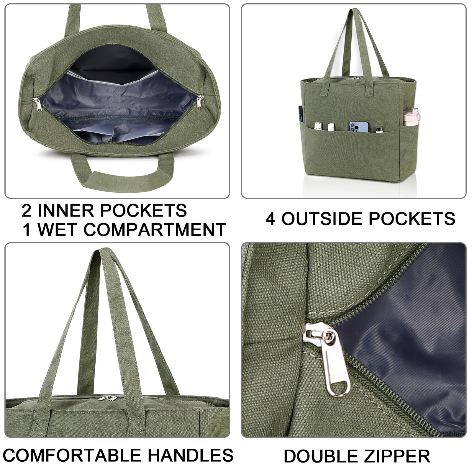 LEDAOU Beach Bag Waterproof Sandproof Women Tote Bag Pool Bag with Zipper for Gym Grocery Travel with Wet Pocket