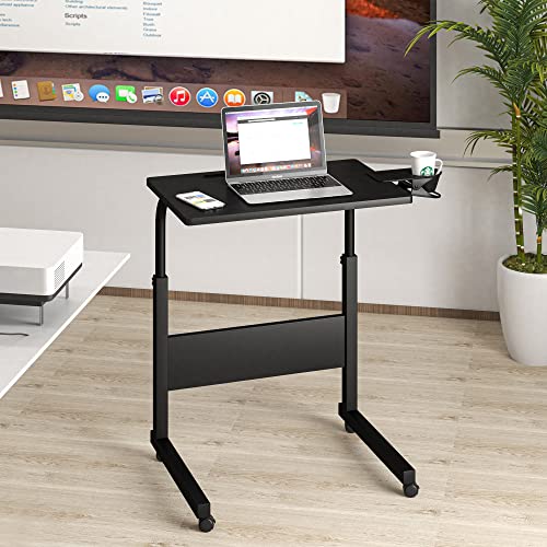 Klvied Standing Desk Adjustable Height, Stand Up Desk with Cup Holder, Portable Laptop Desk, Mobile Standing Desk, Small Computer Desk, Bedside Table, Black Rolling Desk, Work Desk for Home Office