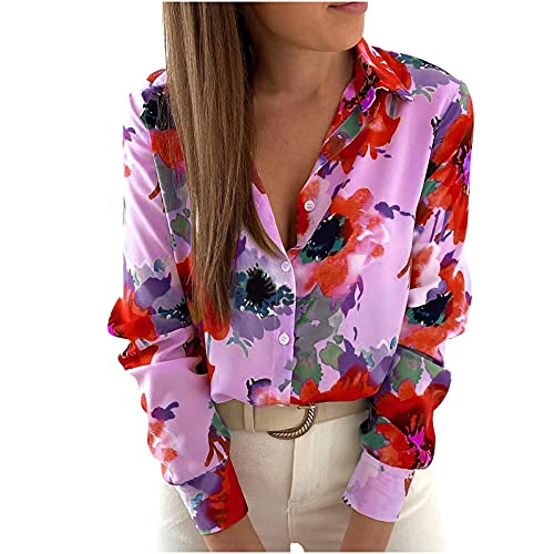 lcziwo Button Down Floral Printed Shirts for Women Casual Turn -Down Collar Blouse Shirt Long Sleeve V Neck Top Purple