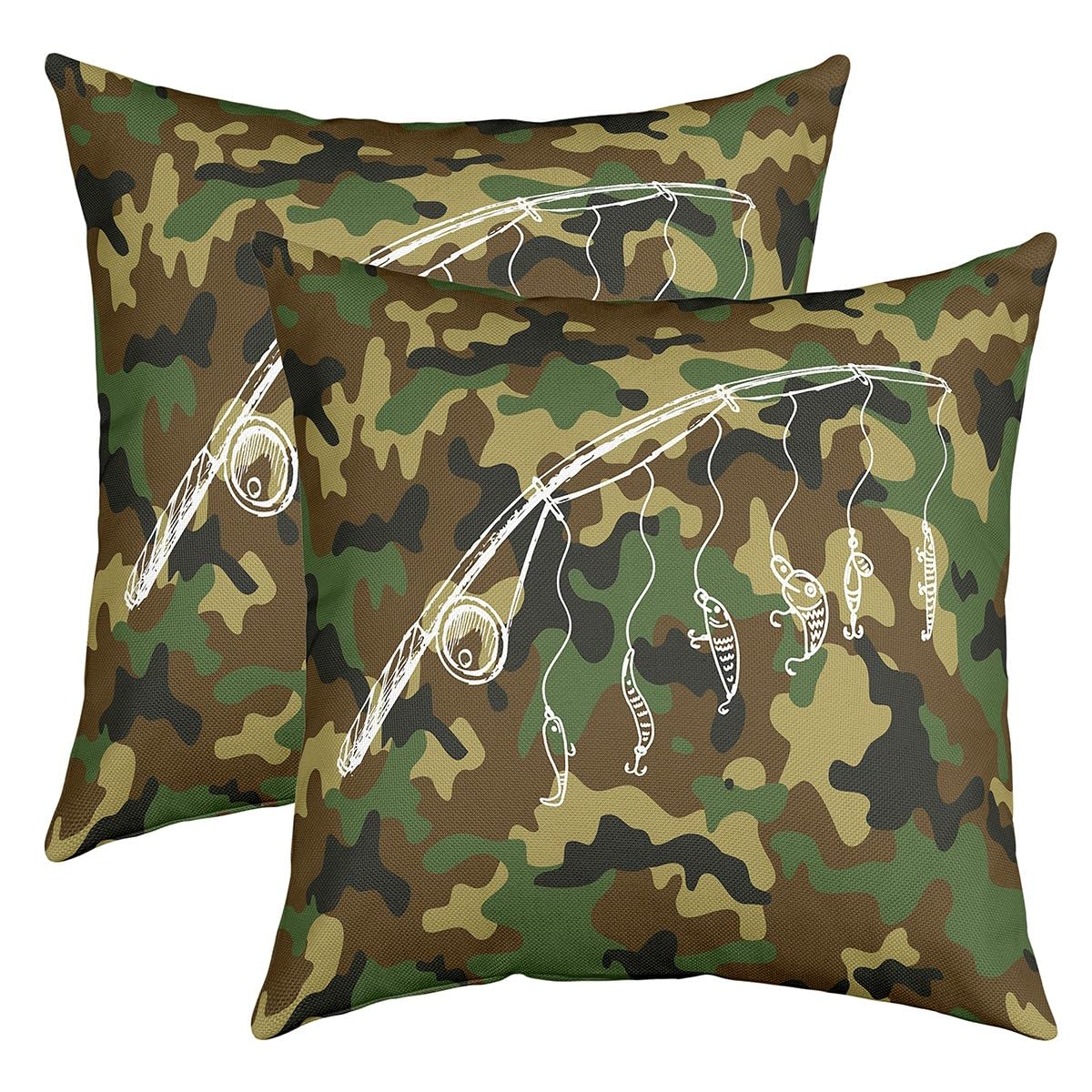 Camouflage Pillow Cases Cushion Covers 24"x24" Set of 2 Soft Camo Throw Pillow Covers for Kids Decor Fishing Decorative Throw PillowCases for Sofa Fisherman Fish Man Cushion Cases Bedroom Green