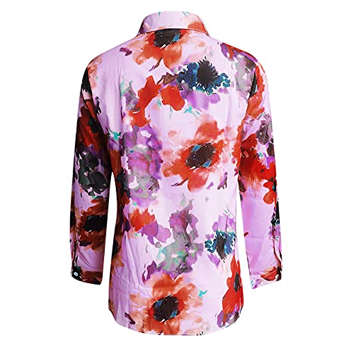 lcziwo Button Down Floral Printed Shirts for Women Casual Turn -Down Collar Blouse Shirt Long Sleeve V Neck Top Purple