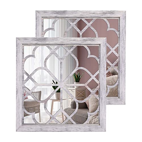 Rustic Decorative Wall Mirror Decor- Living Room Farmhouse Wall Mirrors, 2pcs Wall Mounted Mirror for Bedroom Kitchen Bathroom Entryway Laundry Home Decor Clearance, 12 inch Small White Mirror Art