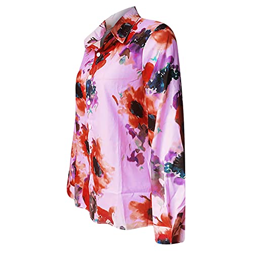lcziwo Button Down Floral Printed Shirts for Women Casual Turn -Down Collar Blouse Shirt Long Sleeve V Neck Top Purple