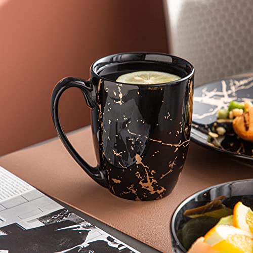 Plates and Bowls Sets for 4, Black Dinnerware Sets 16 Piece Gold Splash Glaze Round Dish Set, LOVECASA Porcelain Plate Set with Mugs Dishwasher Microwave Safe