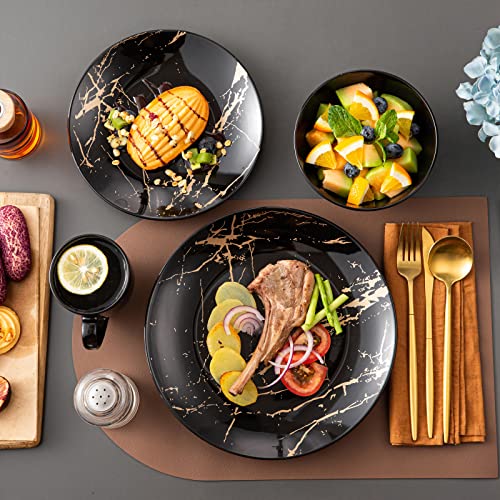 Plates and Bowls Sets for 4, Black Dinnerware Sets 16 Piece Gold Splash Glaze Round Dish Set, LOVECASA Porcelain Plate Set with Mugs Dishwasher Microwave Safe