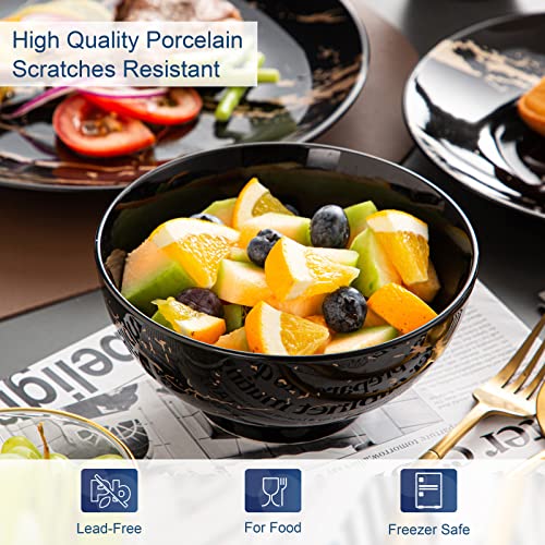 Plates and Bowls Sets for 4, Black Dinnerware Sets 16 Piece Gold Splash Glaze Round Dish Set, LOVECASA Porcelain Plate Set with Mugs Dishwasher Microwave Safe