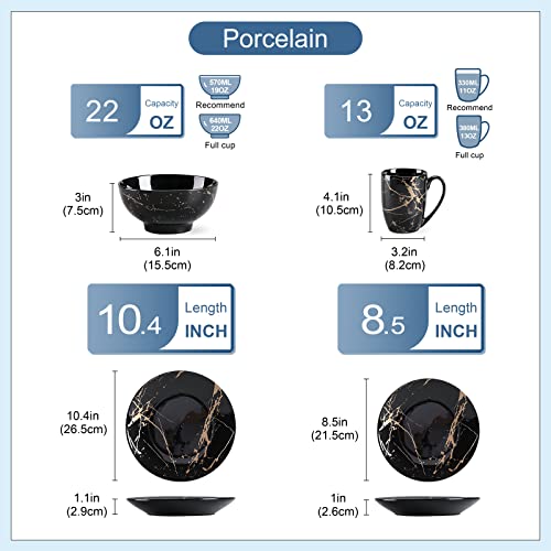 Plates and Bowls Sets for 4, Black Dinnerware Sets 16 Piece Gold Splash Glaze Round Dish Set, LOVECASA Porcelain Plate Set with Mugs Dishwasher Microwave Safe