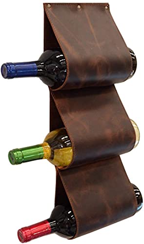 3 Bottle Wall Mounted Wine Rack. Space Saving Wine Rack, Leather Wall Wine Rack for Unique Wine Gifts for Wine Lovers. Wine Bottle Holder Doubles up as Leather Magazine Rack…