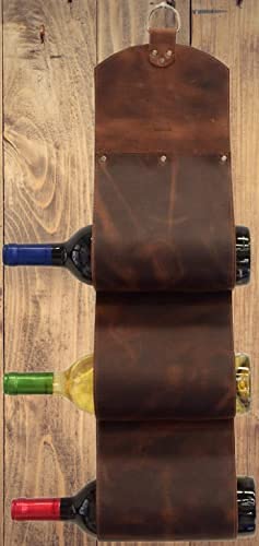 3 Bottle Wall Mounted Wine Rack. Space Saving Wine Rack, Leather Wall Wine Rack for Unique Wine Gifts for Wine Lovers. Wine Bottle Holder Doubles up as Leather Magazine Rack…