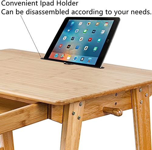 Dicunoy Computer Desk with 2 Drawers, 46" Solid Bamboo Home Office Writing Desk for Small Spaces, Compact Simple Style Tables with Gap Design and Hook for PC, Laptop, Students, Study, Makeup, Bedroom