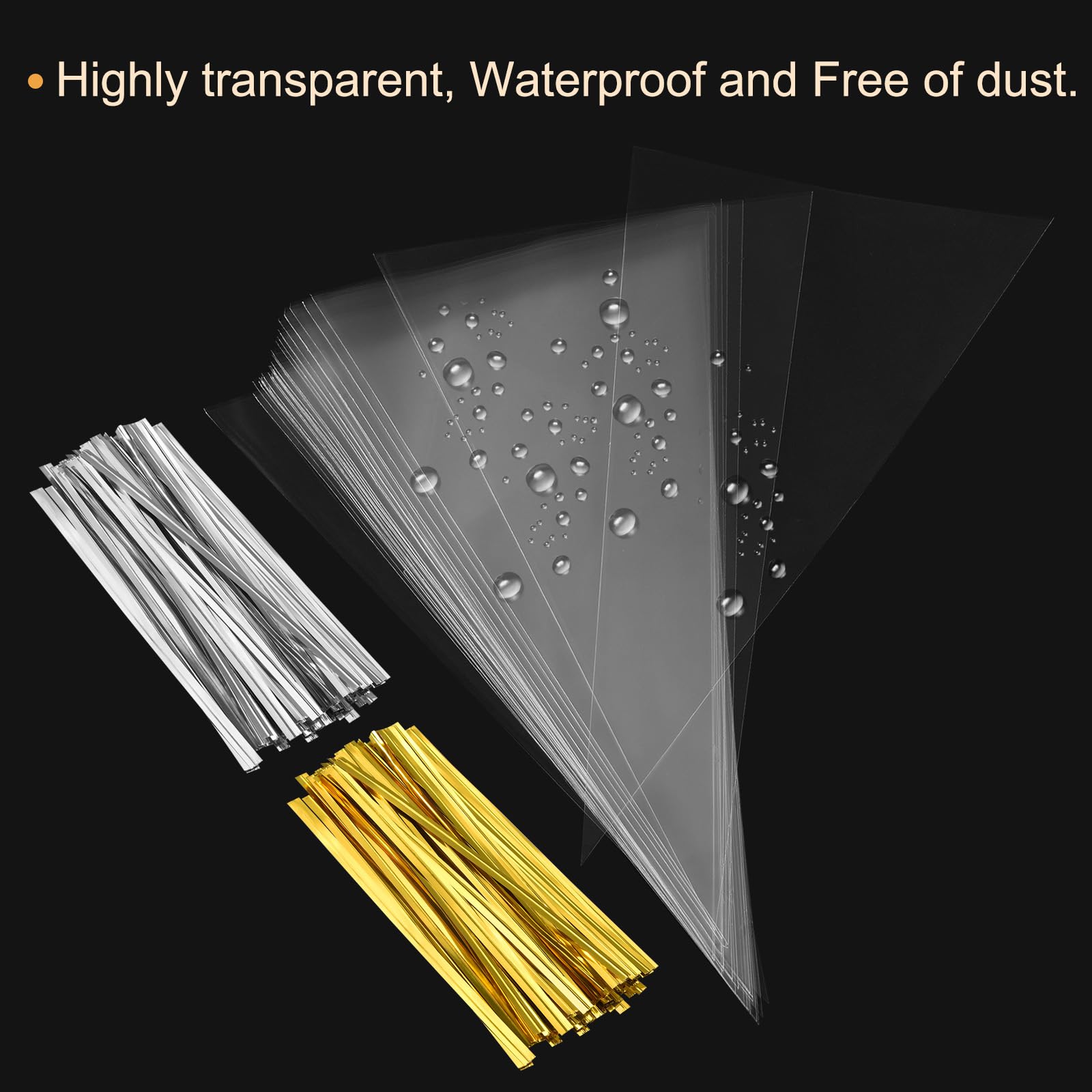 uxcell 200 Pcs Cone Cello Bags, Clear Flat Plastic Cello Treat Bags with Gold/Silver Twist Ties Candy Bags Cookie Bags for Christmas Snacks Candy Cookie Sweet