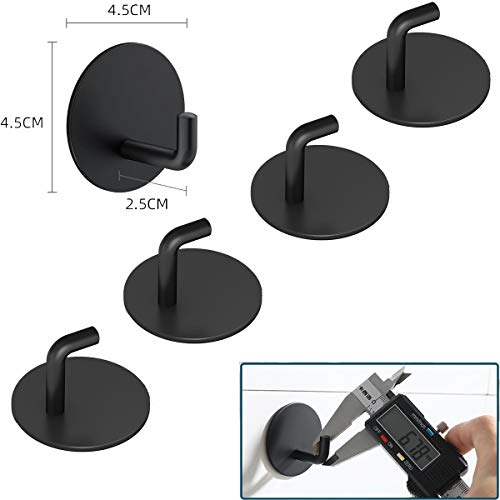 5 Packs Black Adhesive Wall Hooks, Veriya Waterproof Hook Door Hanger, Heavy Duty Wall Hook for Hanging Robe Coat Towel Keys Bags, Bathroom Toilet Kitchen Office Closet Cabinet