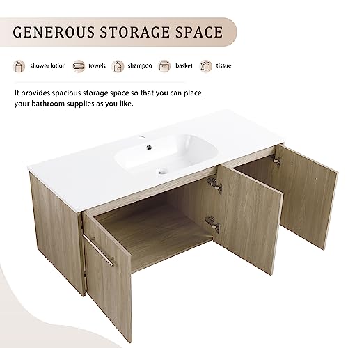 48" Large Wall Mounted Bathroom Vanity Cabinet with Sink Top Combo Set, Single Floating Bathroom Vanity Set with Basin Sink, Hanging Bath Cabinet with Soft Closing Doors