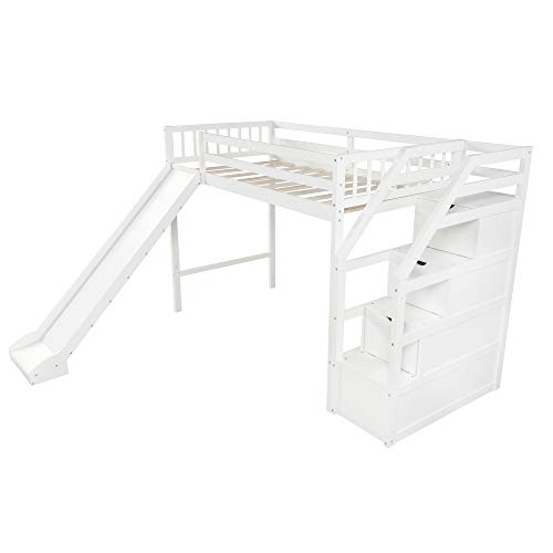 Bellemave Wood Loft Bed with Slide, Twin Loft Bed with Staircase, Loft Bed with Storage for Kids Girls Boys, White