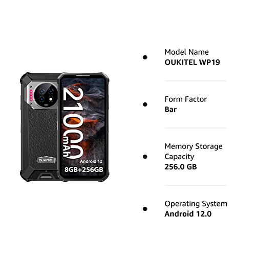 OUKITEL WP19 Rugged Smartphone Unlocked, 21000mAh Battery 8GB 256GB Android 12 Cell Phone, 64MP Camera 20MP Night Vision, 6.78" FHD+ Rugged Phone, Waterproof Mobile Phone Unlocked 4G Dual Sim OTG NFC