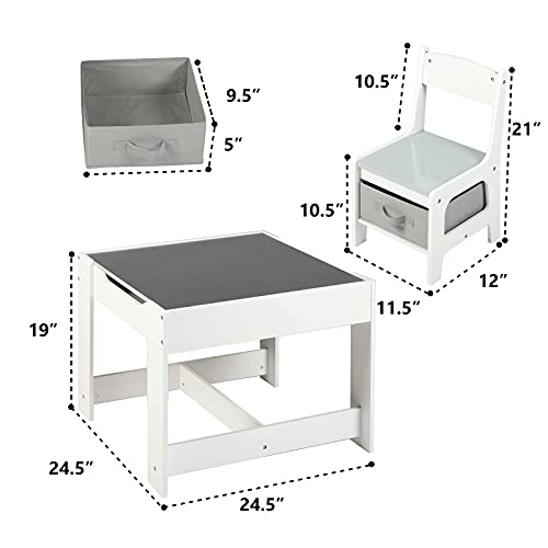 Kinder King Kids Wood Table & 2 Chairs Set, 3 in 1 Children Activity Table w/Storage, Removable Tabletop, Blackboard, 3-Piece Toddler Furniture Set for Art, Crafts, Drawing, Reading, Playroom, Grey