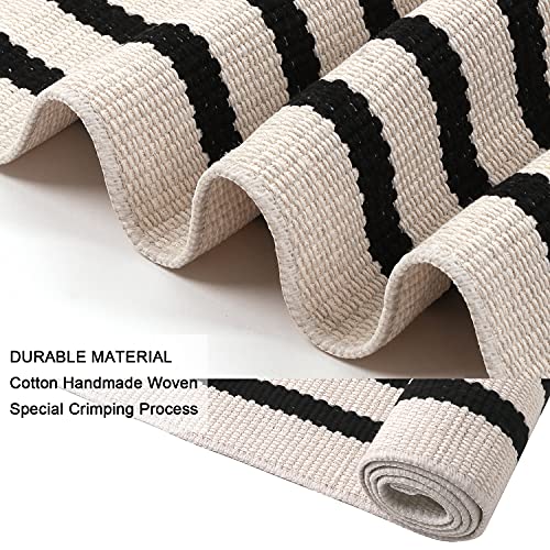 LEEVAN Black and White Striped Outdoor Rug Runner 24"x51" Layering Doormat Farmhouse Front Porch Rug Cotton Woven Washable Throw Carpet for Hallway/Front Steps/Bathroom/Kitchen/Home Entrance