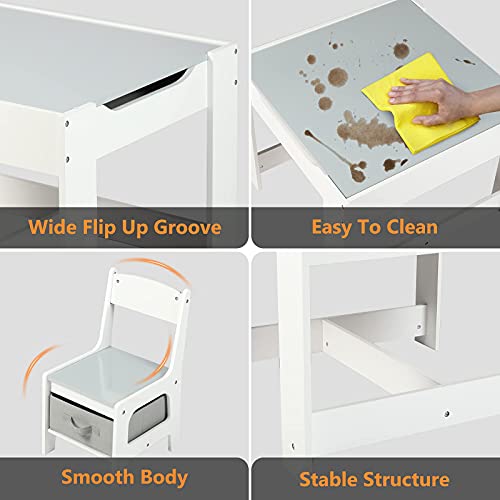 Kinder King Kids Wood Table & 2 Chairs Set, 3 in 1 Children Activity Table w/Storage, Removable Tabletop, Blackboard, 3-Piece Toddler Furniture Set for Art, Crafts, Drawing, Reading, Playroom, Grey