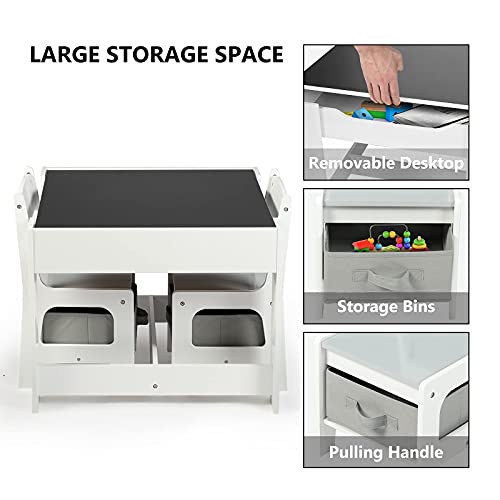 Kinder King Kids Wood Table & 2 Chairs Set, 3 in 1 Children Activity Table w/Storage, Removable Tabletop, Blackboard, 3-Piece Toddler Furniture Set for Art, Crafts, Drawing, Reading, Playroom, Grey