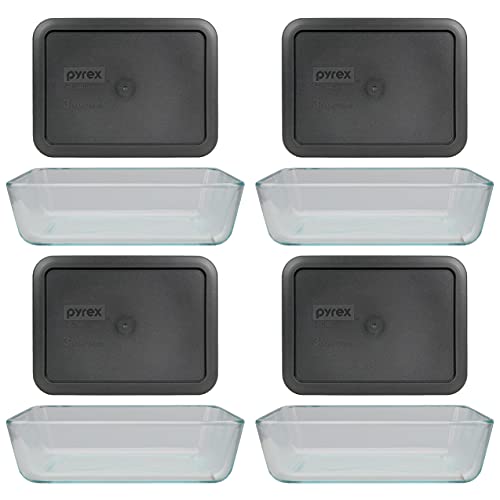 Pyrex (4 7210 Glass Dishes & (4) 7210-PC Charcoal Gray Lids
