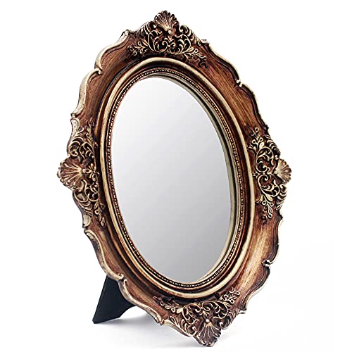 Funerom Vintage Decorative Wall Mirror, Hanging Mirrors for Bedroom Living-Room Dresser Decor, Oval Antique Gold (8.2 x 10 inchs)