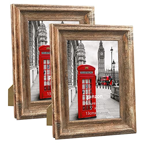 Amazon Brand – Pinzon 2 Pack Picture Frames 5x7, Rustic Distressed Photo Frame for Wall Hanging or Tabletop Display, Brown (Set of 2)