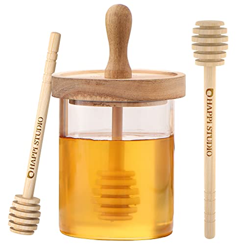HAPPI STUDIO Honey Pot - Airtight 13 Oz Honey Jar and Dipper Set - Honey Jars with Dipper - Honey Dipper Stick and Jar Set - Glass Honey Dispenser - Honey Containers with Wooden Honey Dipper